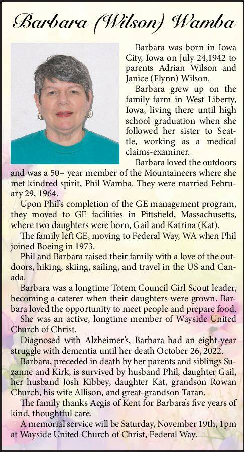Barbara (Wilson) Wamba | Obituary | Federal Way Mirror