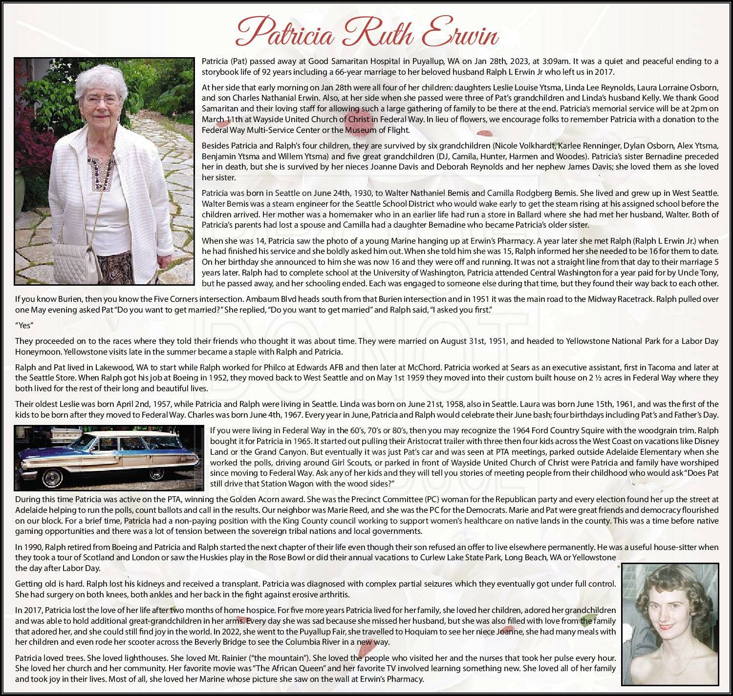 Patricia Ruth Erwin | Obituary | Federal Way Mirror