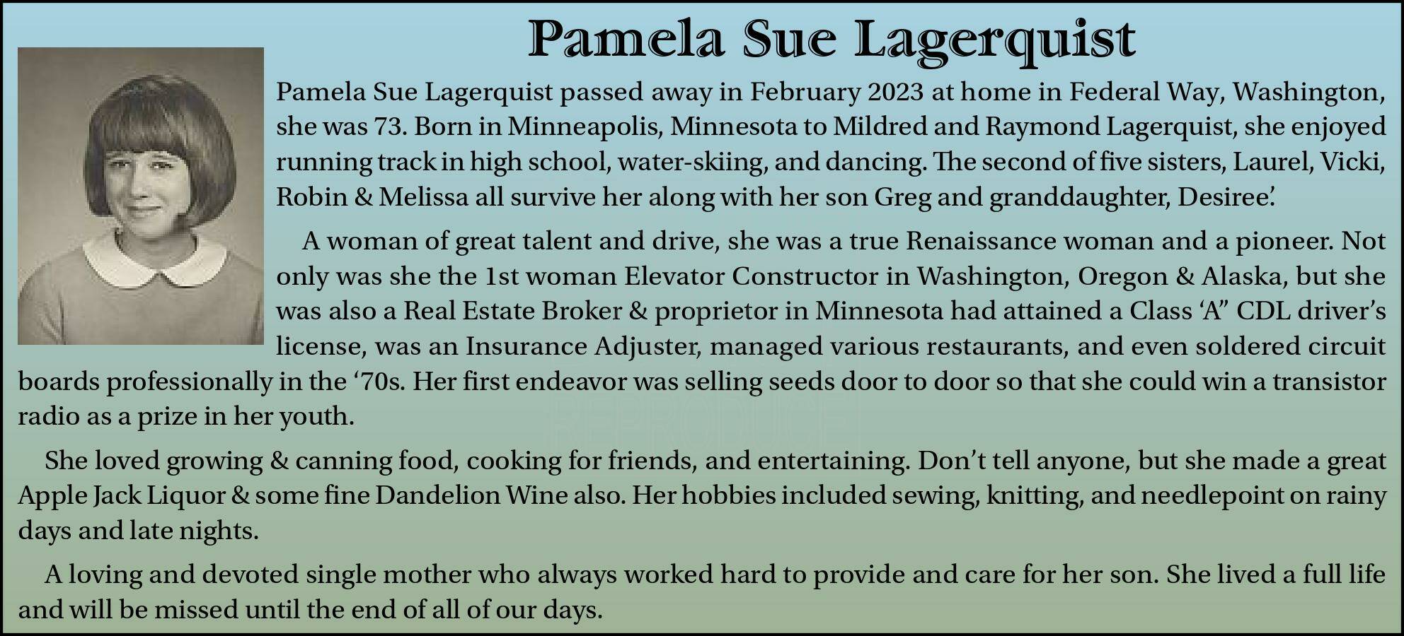 Pamela Sue Lagerquist | Obituary | Federal Way Mirror